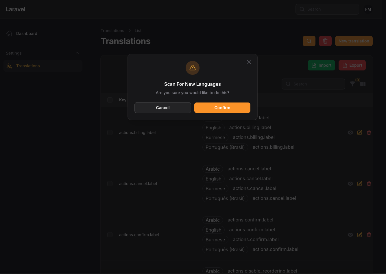 Manage your translation with DB and cache, you can scan your languages tags like trans ...